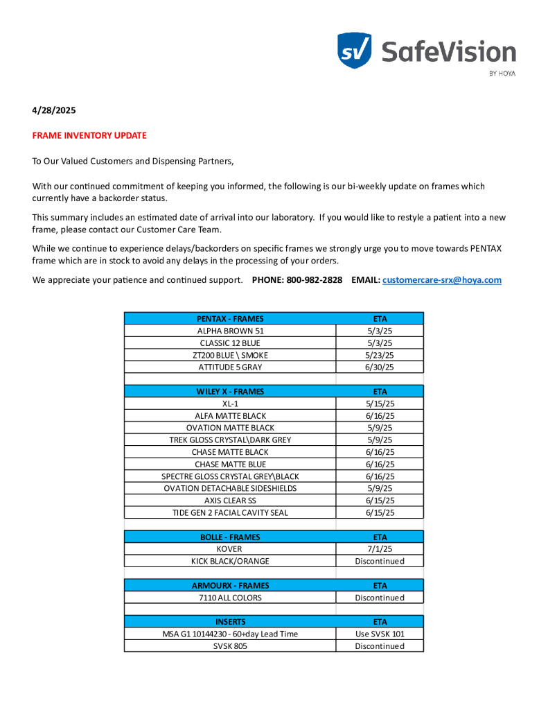 SafeVision Safety Glasses Frame Inventory | SafeVision